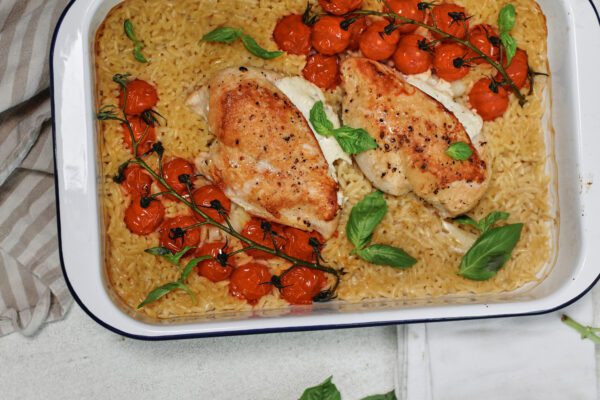 Boursin-Stuffed Chicken with Orzo & Tomatoes (One-Pan Dinner Recipe)