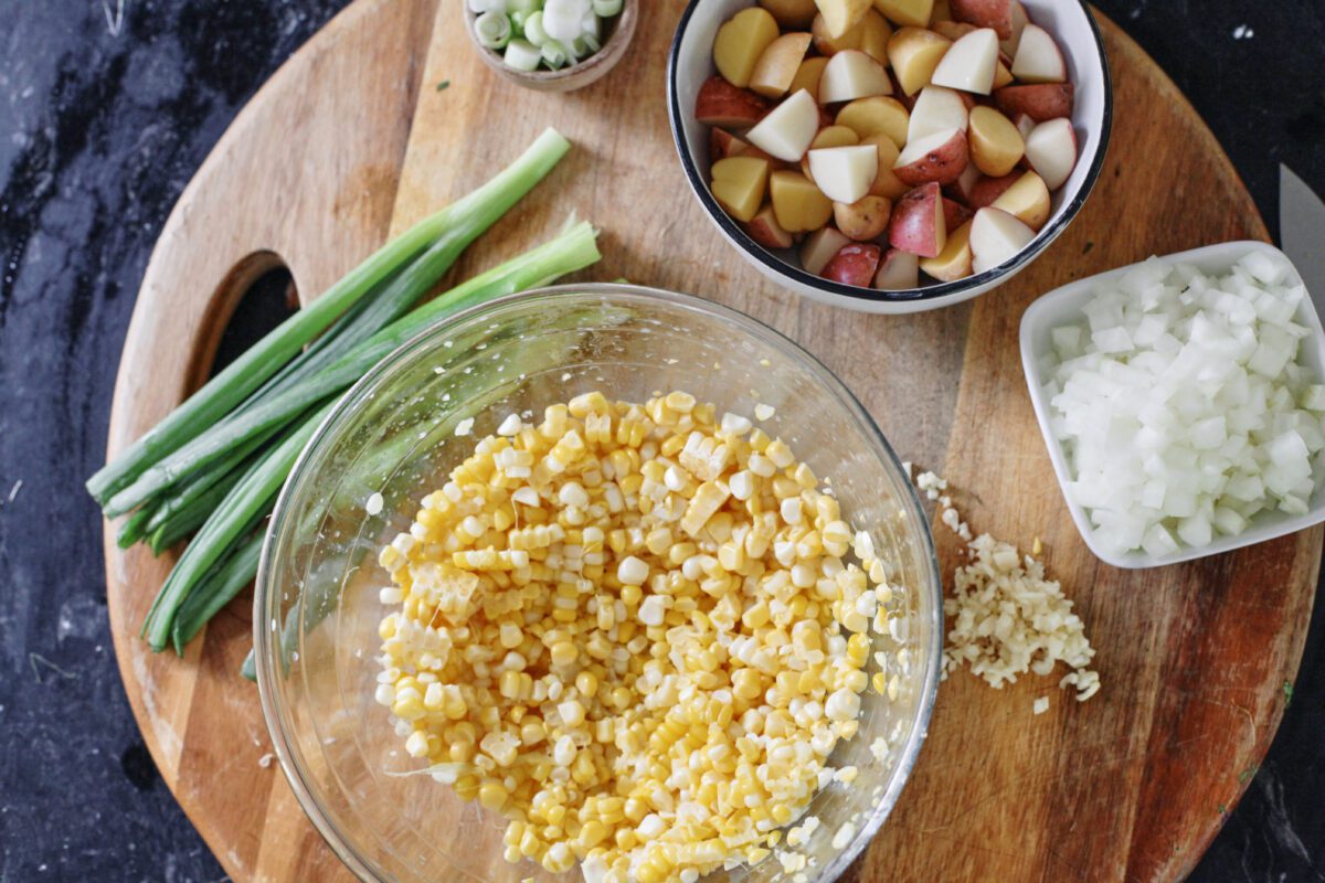 Summer Corn Chowder with Potatoes, Bacon & Boursin Cheese